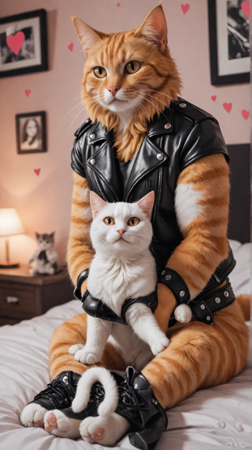 A realistic fat orange tabby cat wearing leather biker clothes - SeaArt AI