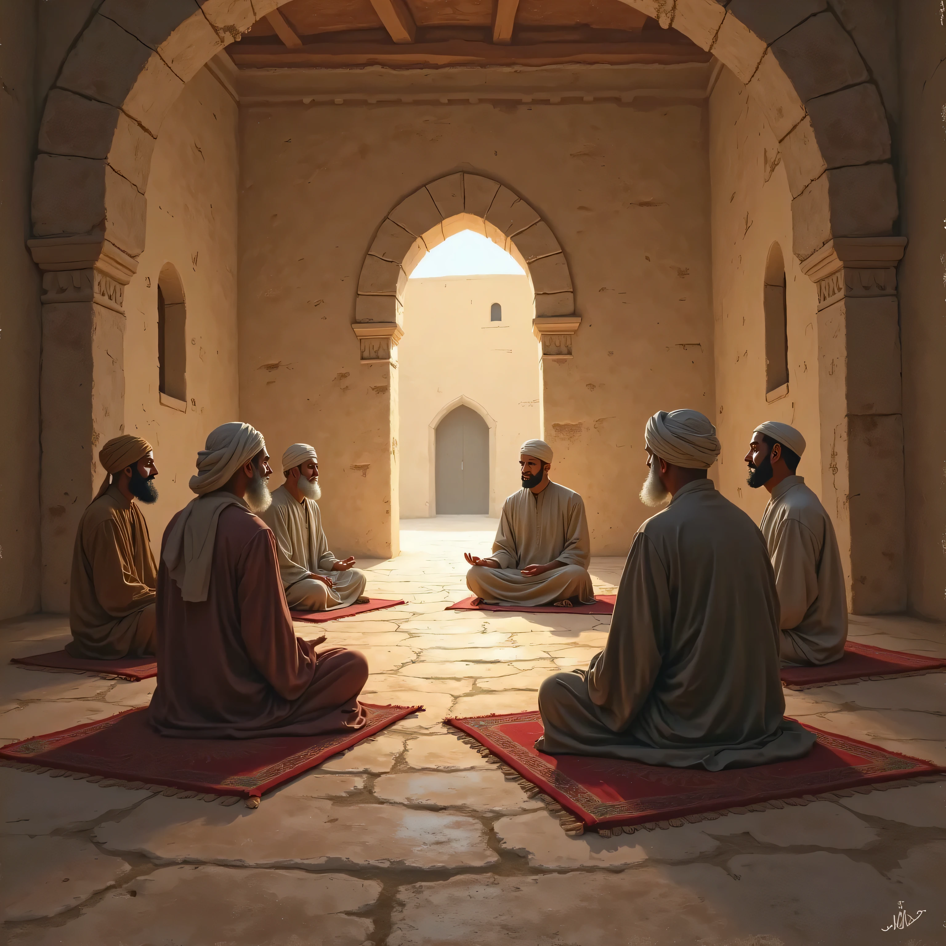 In Madinah, inside a simple mosque made of clay, a few Sahaba are ...
