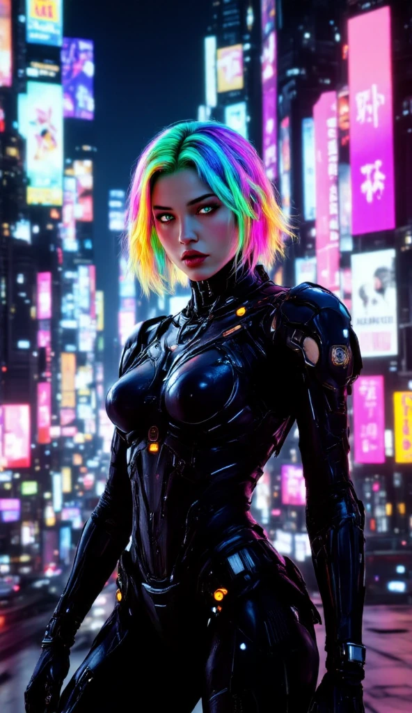 cyberpunk, futuristic, rainbow colored hair, Android, accurate anatomy ...
