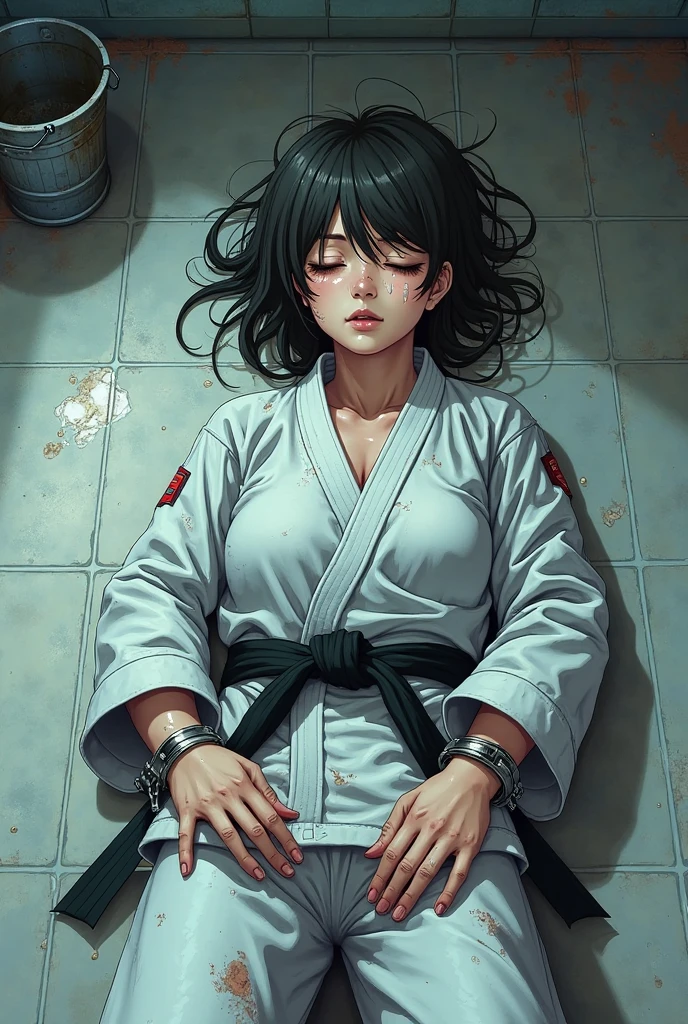 Defeat、karate girl caught and lying on the floor Chain shackles ...