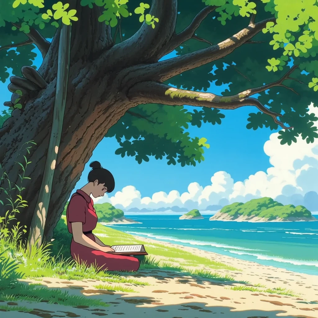 A person sitting studying under a tree - SeaArt AI