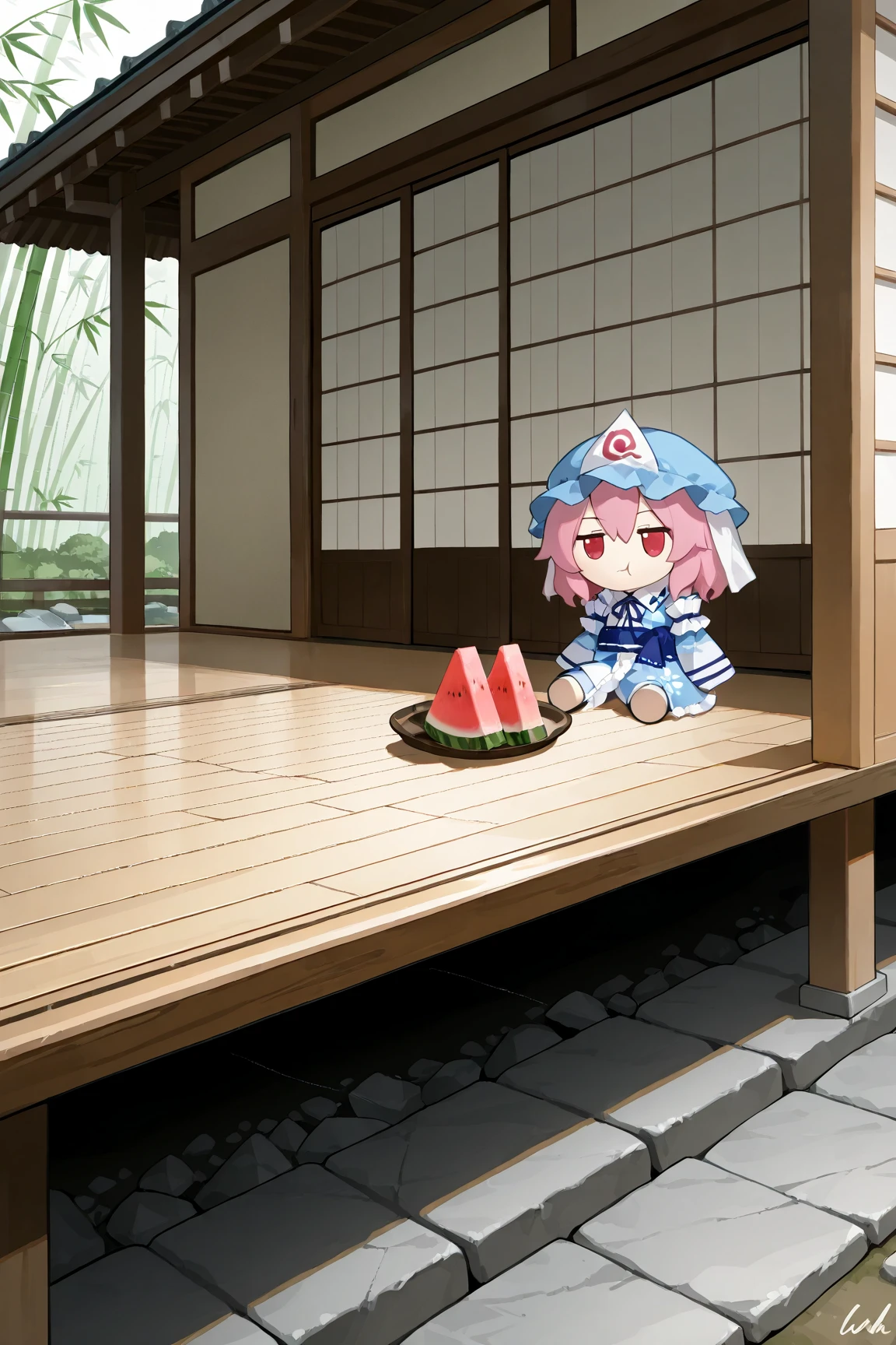 1girl\(saigyouji yuyuko\), pink hair, short hair, :t, sitting - SeaArt AI