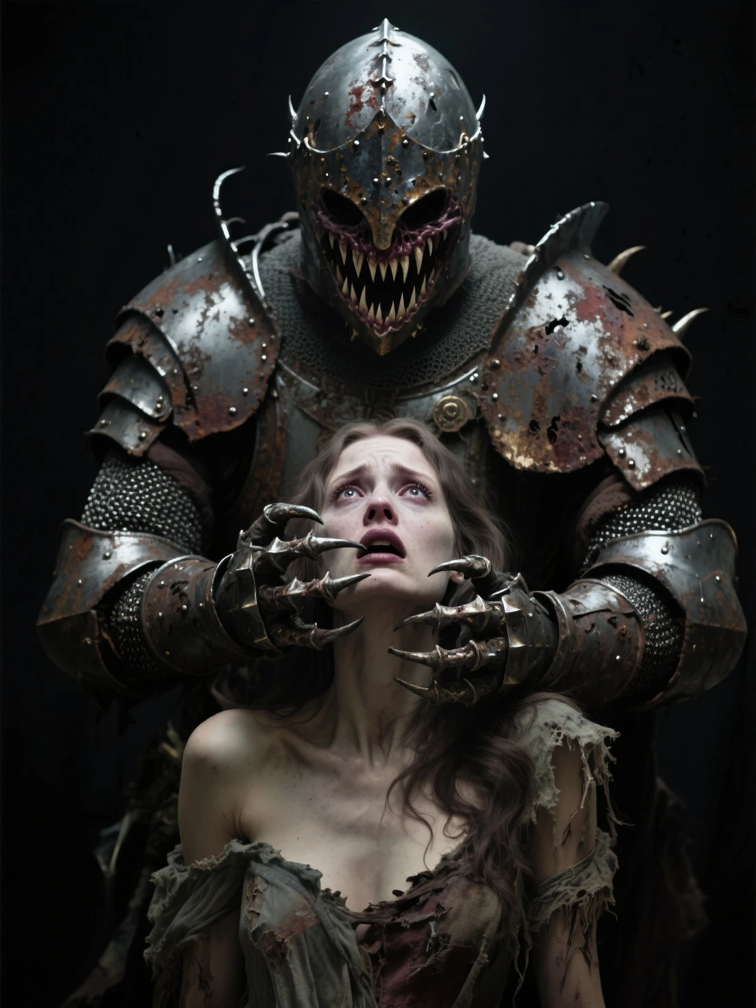 An ominous, ancient knight with rusted, battle-worn armor, looming ...