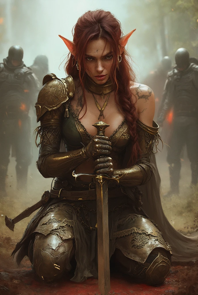 A fierce elf warrior kneeling on one knee, her sword planted in the ground - SeaArt AI