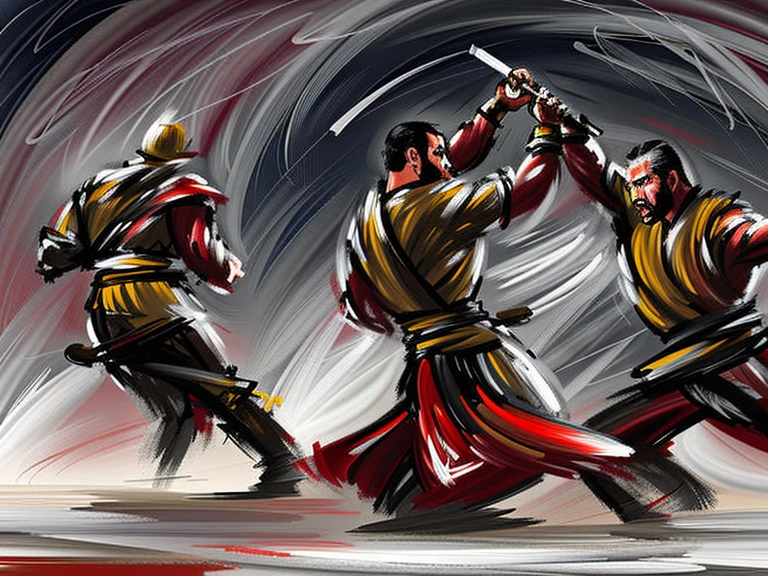 DYNAMIC ACTION, fierce battle scene, black and white illustration ...