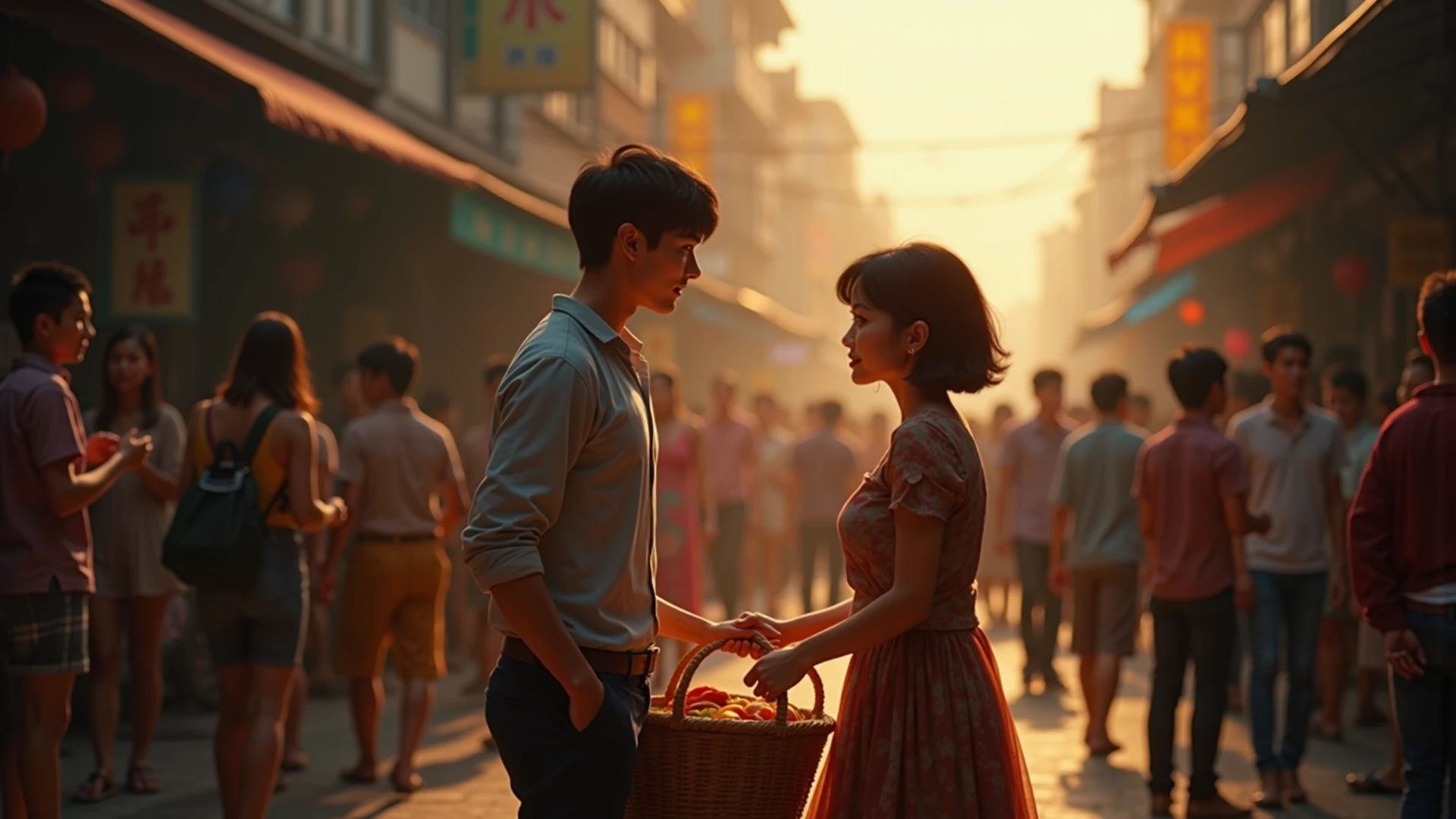 The young man notices the girl struggling with a heavy basket - SeaArt AI