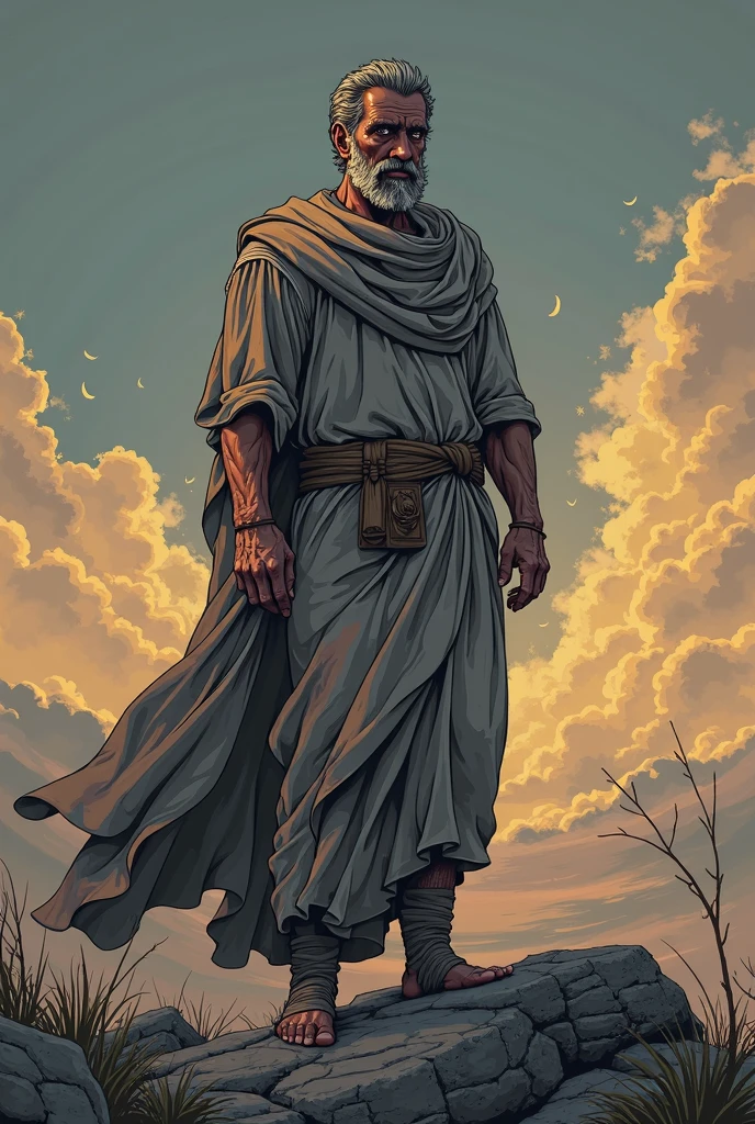 A comic-style vertical scene showing an ancient Stoic philosopher ...