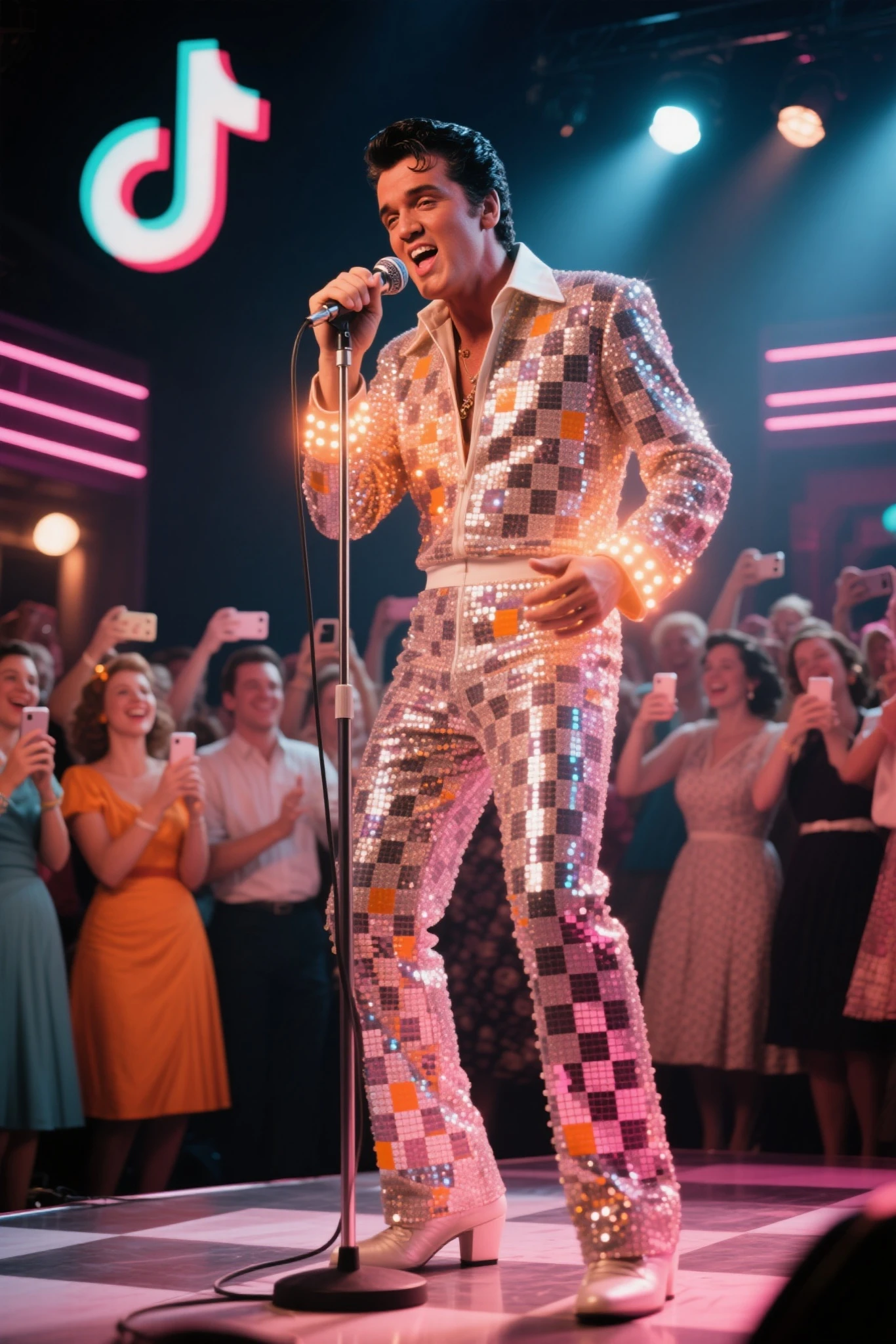 Elvis Presley performing on a TikTok live stage, wearing a glittering ...