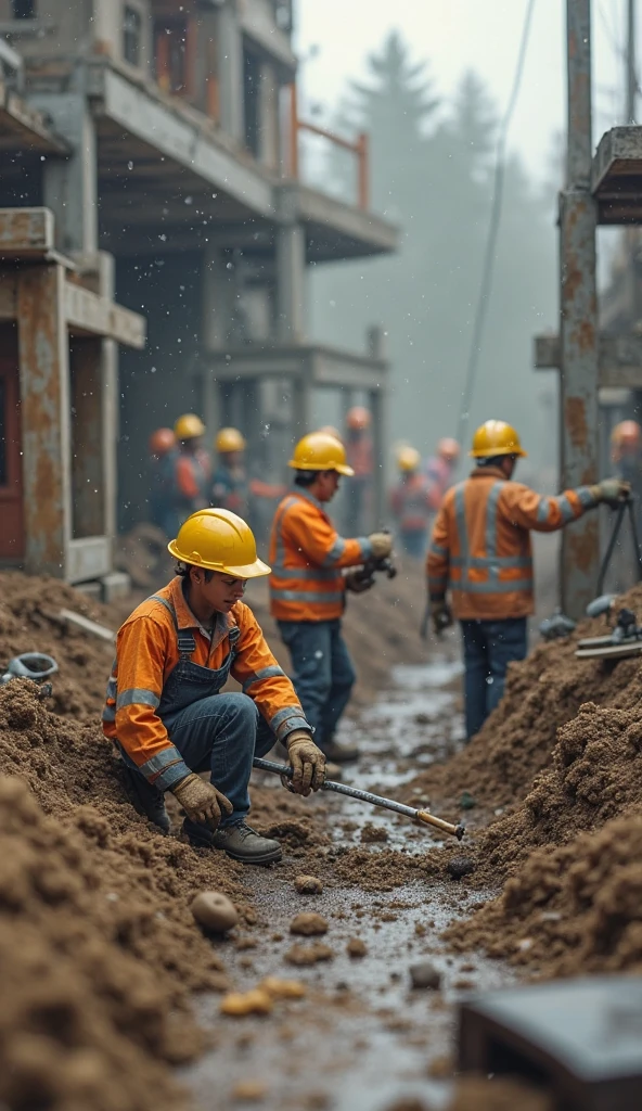 Realistic macro photos of small construction workers making huge houses ...