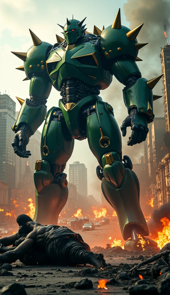 POV of a colossal green robot with a heavily spiked, armored body ...