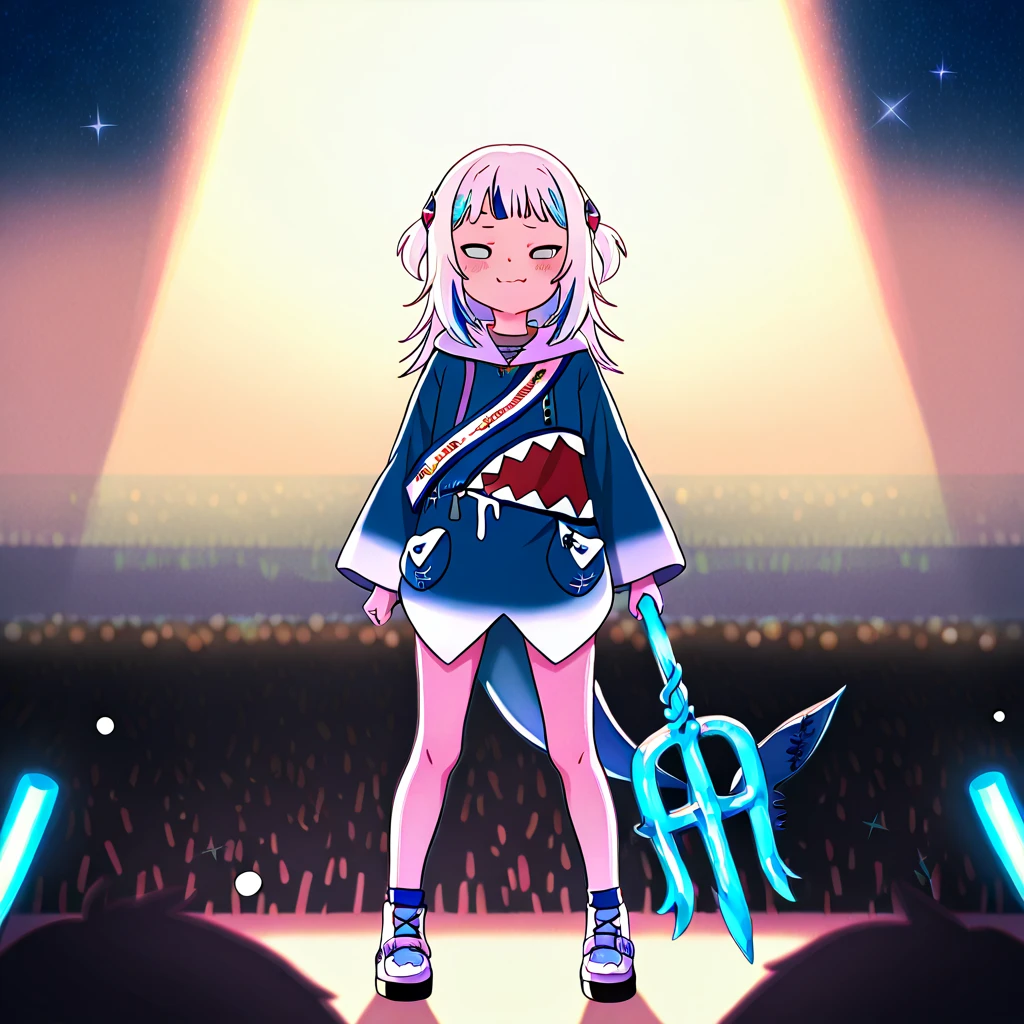 Gawr Gura, graduation scene, standing center stage, soft spotlight ...