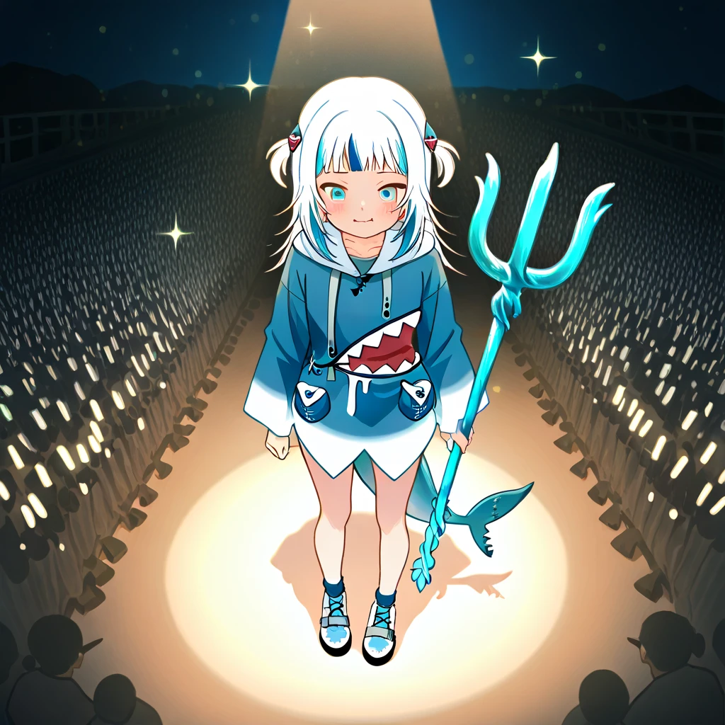 Gawr Gura, graduation scene, standing center stage, soft spotlight ...