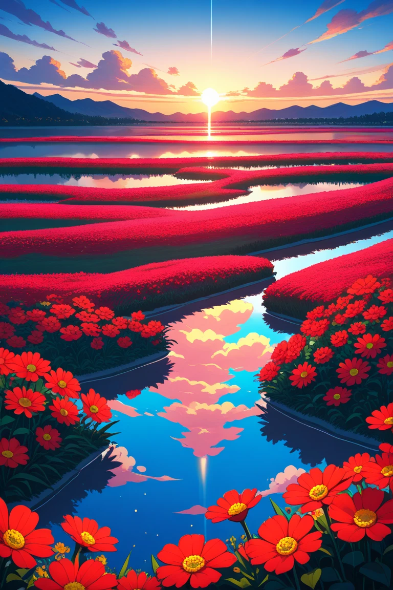 There is a beautiful sunset, the hillside is covered with flowers and ...