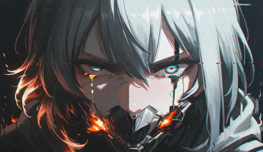 Extreme close-up of anime eyes, left eye burning with fire and ...