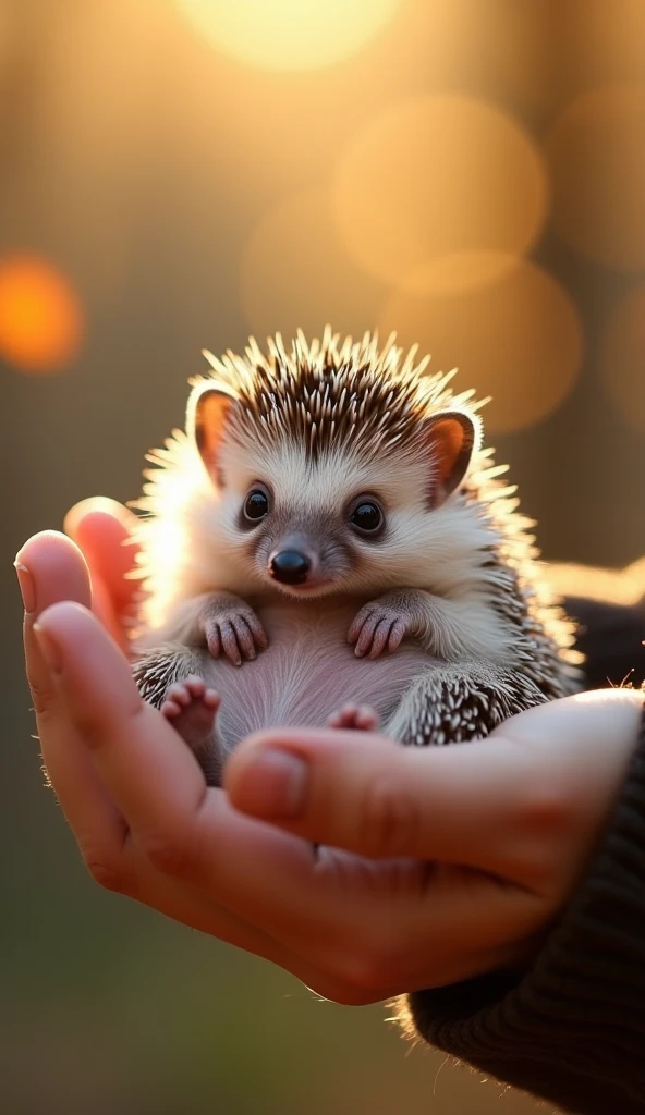 A breathtaking close-up of a tiny, fluffy baby hedgehog cradled gently ...