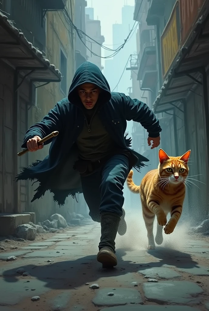 The thief running away, with the cat in a dynamic, exaggerated chasing ...