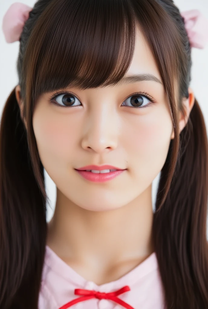 Nicely trimmed black hair long hair、twin tail、Red hair tie、face close ...