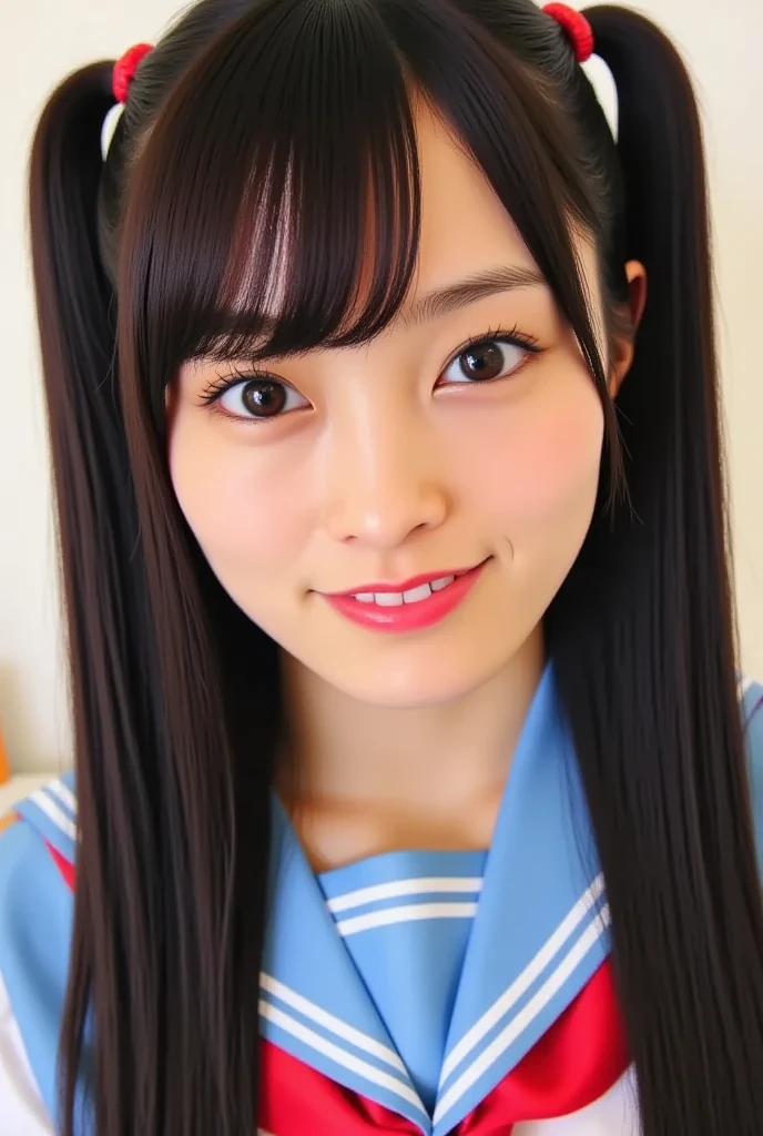 Nicely trimmed long black hair、twin tail、Red hair tie、face close ...