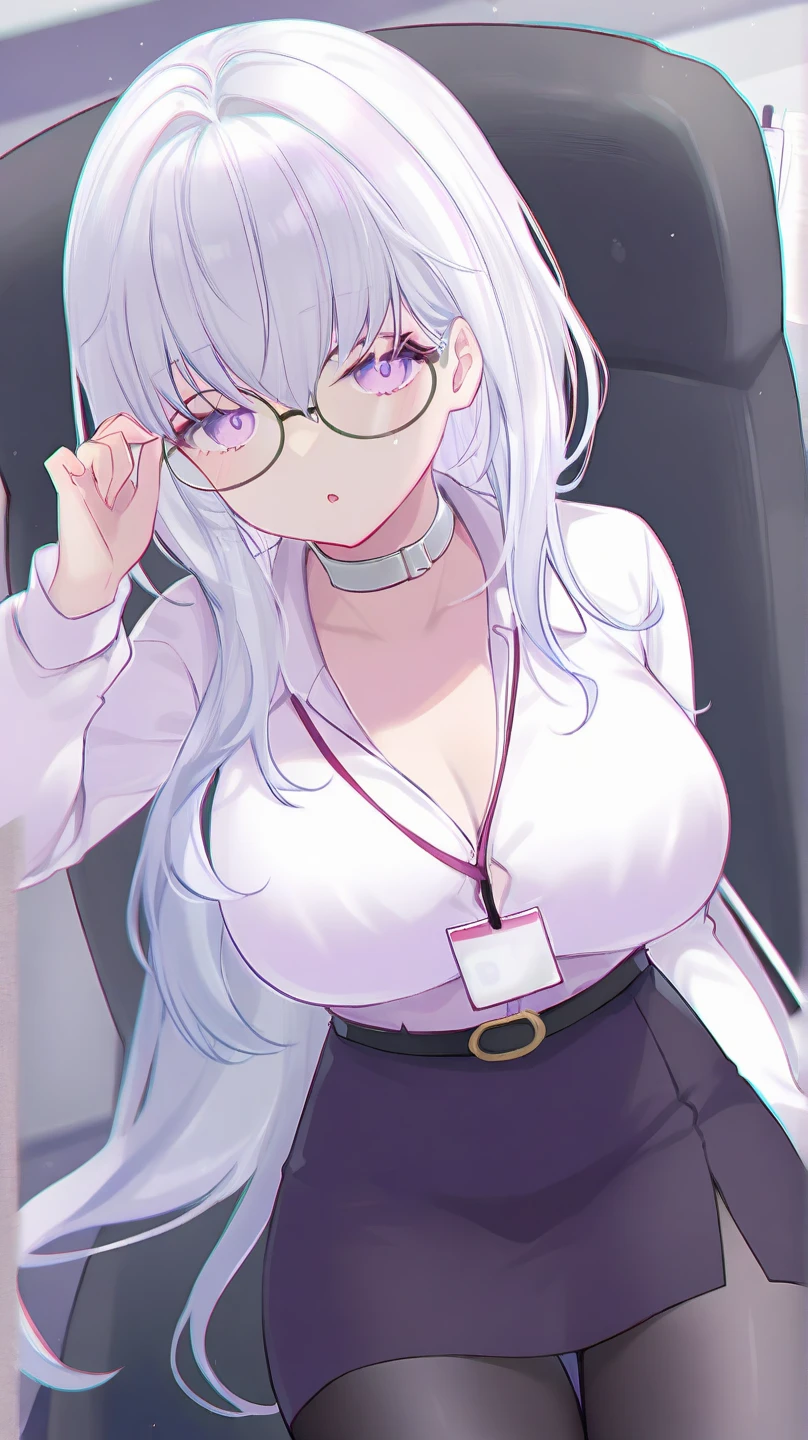 White hair purple eyes girl big breasts long hair circle glasses wear ...