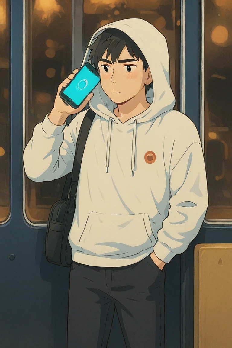 A young man in white hoodie leaning against a window with an electronic ...