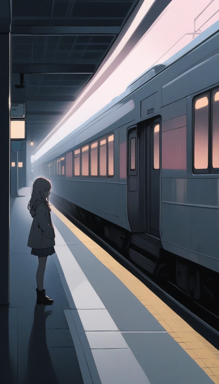 Wide shot of the girl standing alone at a train platform as the boy ...