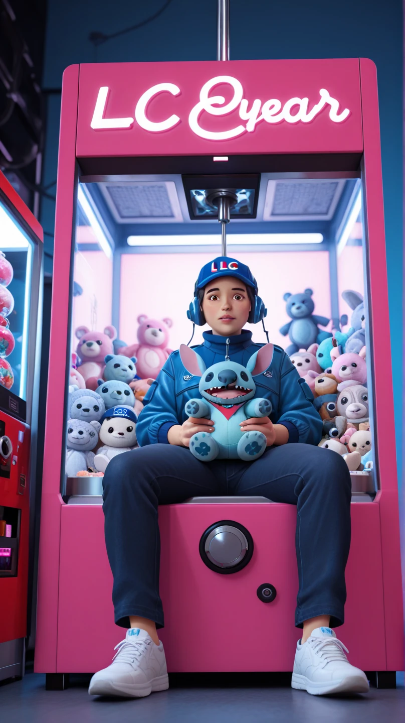 A 20-year-old Pixar-style brown-eyed man in a claw machine, wearing a ...