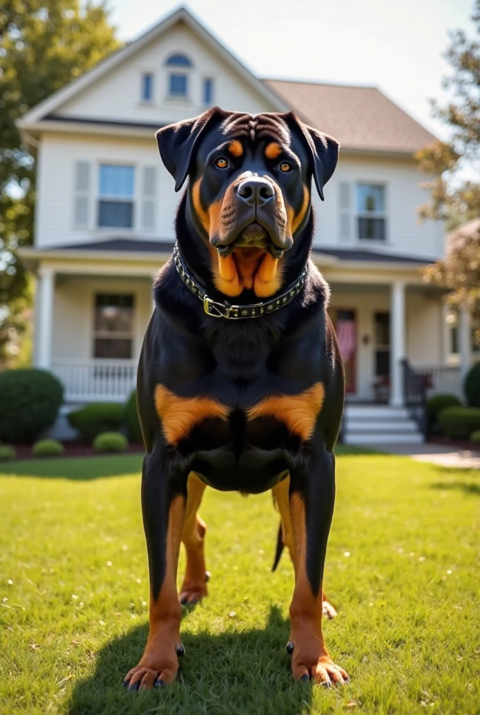 "A muscular Rottweiler standing in front of a house, strong posture and ...
