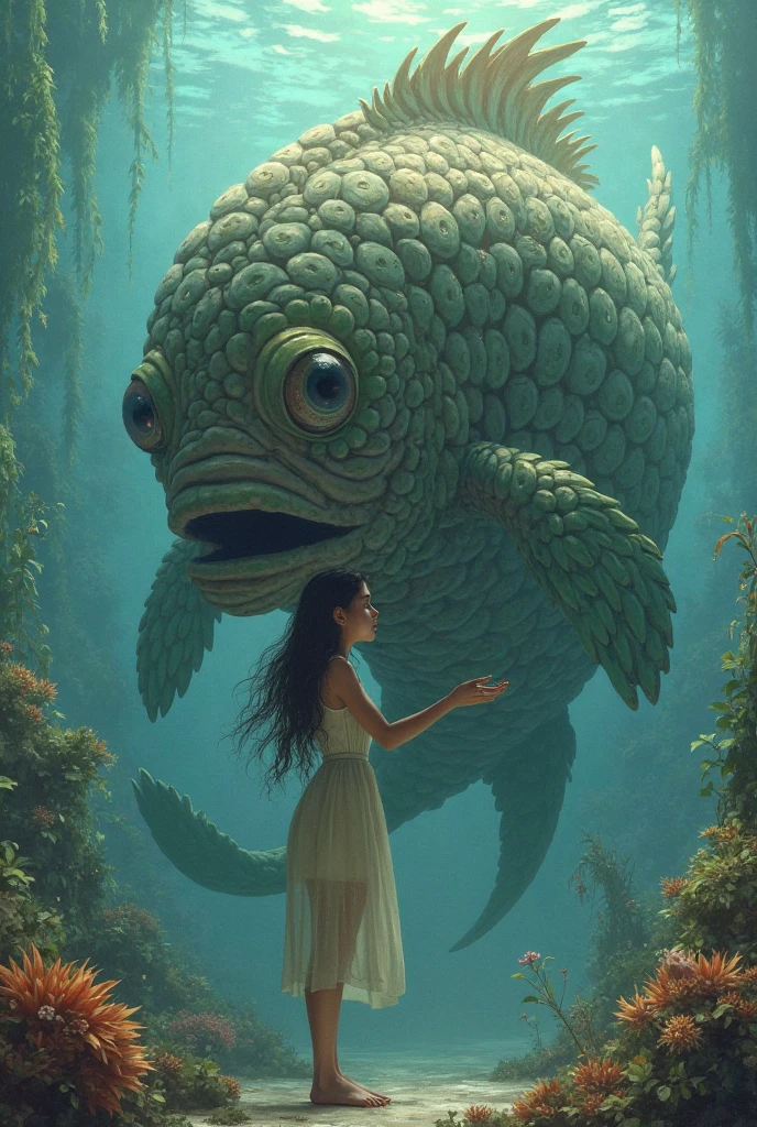 Girl hugging a big fish - SeaArt AI