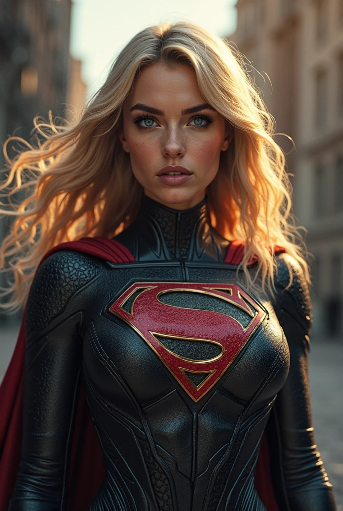 Blonde super-girl with blue eyes in a black outfit with the S emblem in ...