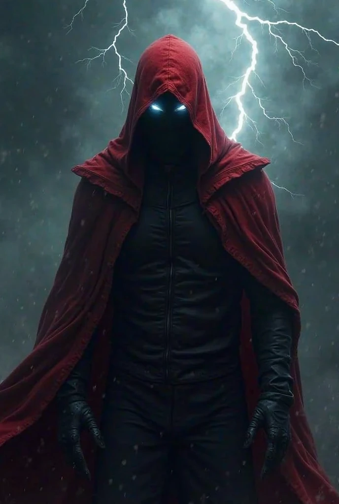 Assassin woman in red hood dark face glowing eyes lightning in ...