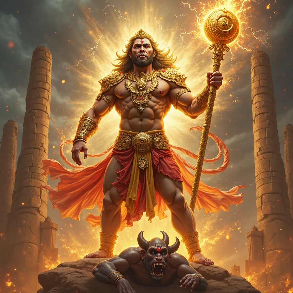 An epic divine fantasy artwork of Lord Hanuman in a victorious battle ...
