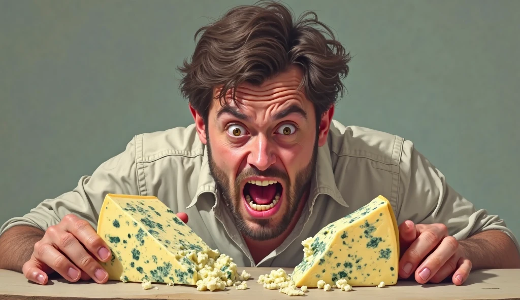 REAL person looking at a piece of Roquefort cheese with an urge to ...