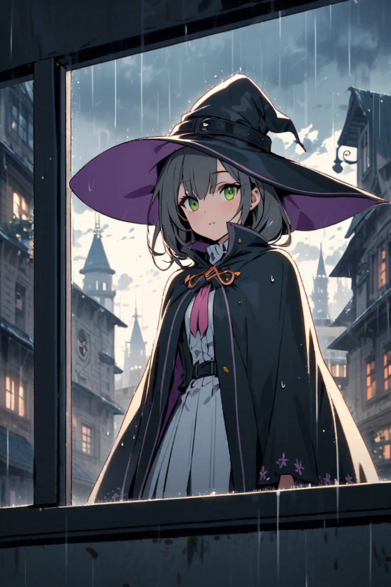 Pretty witch looking through a window into a rainy city - SeaArt AI