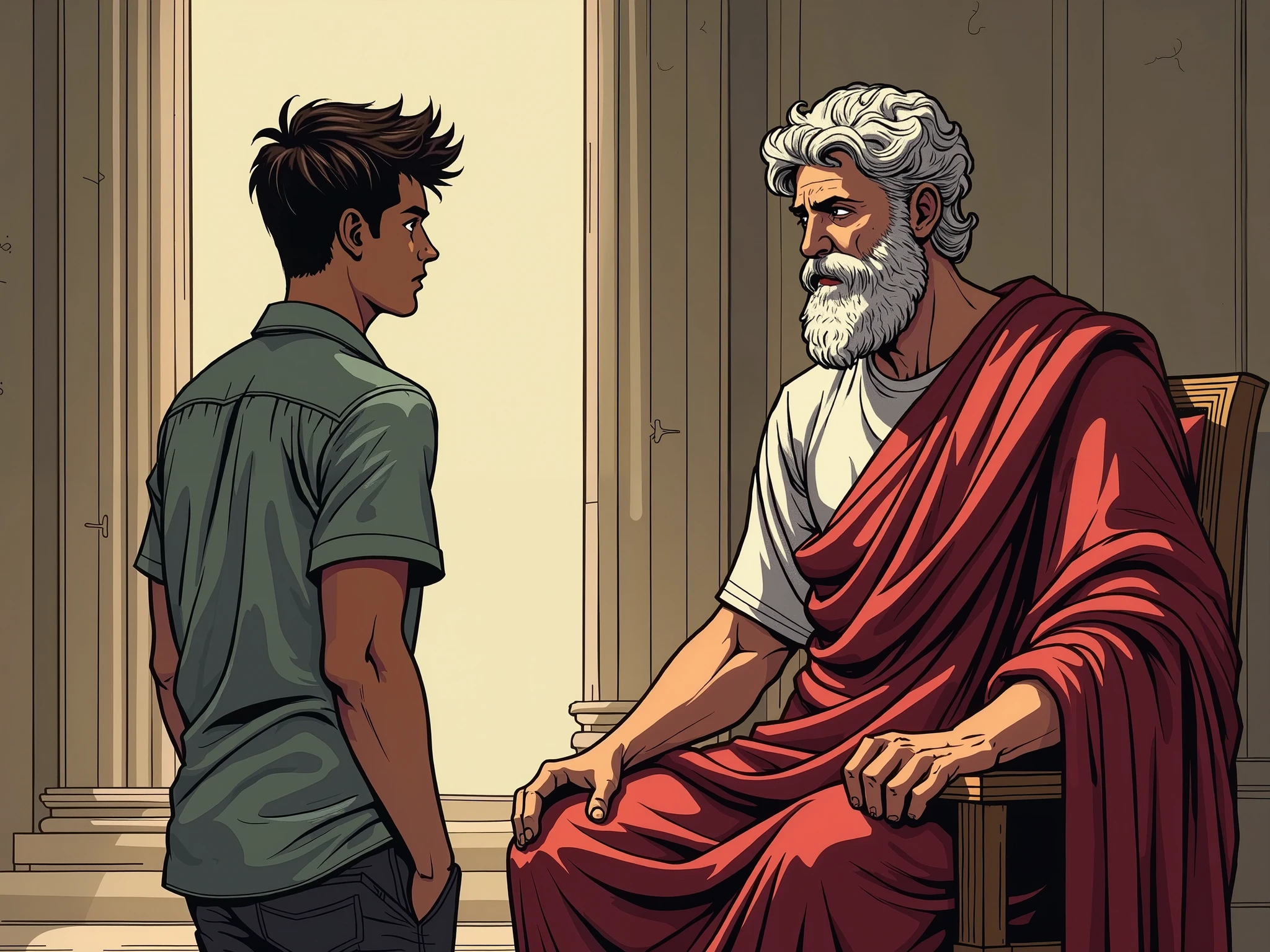 A comic-style scene showing a powerful interaction: a modern man looking confuse - SeaArt AI