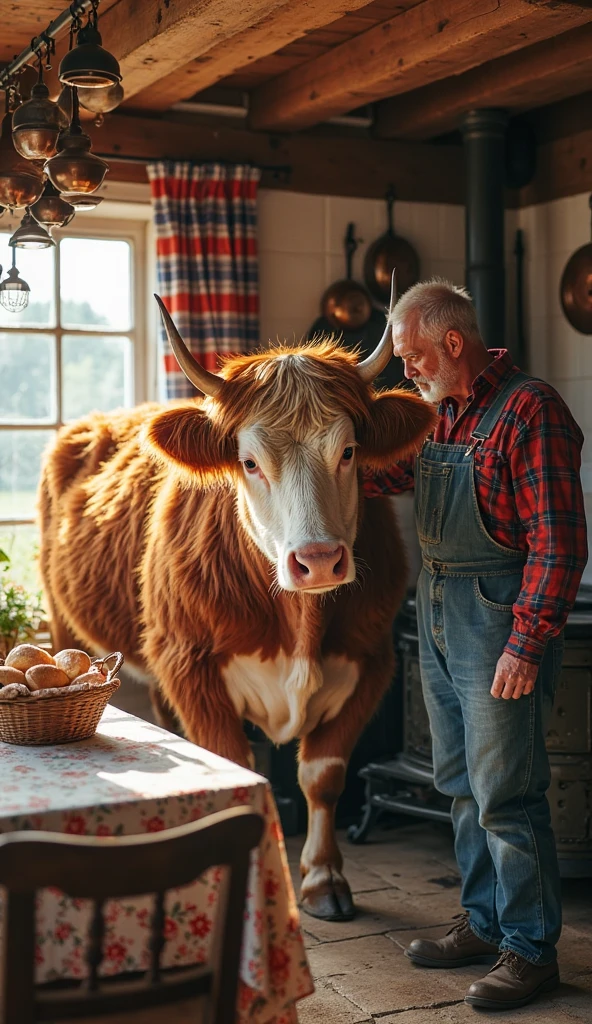 A red-and-white Highland cow, its shaggy fur the size of thick blankets ...