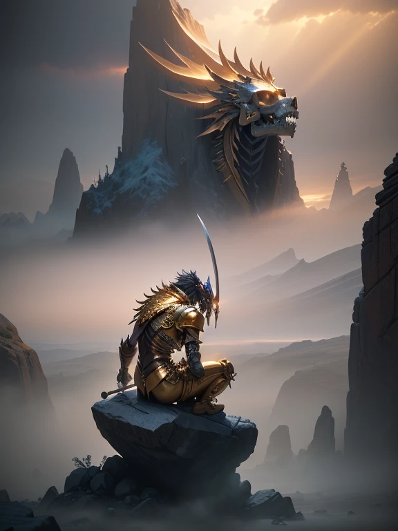 A lone ancient golden skeleton warrior seated on a rocky mountain ...