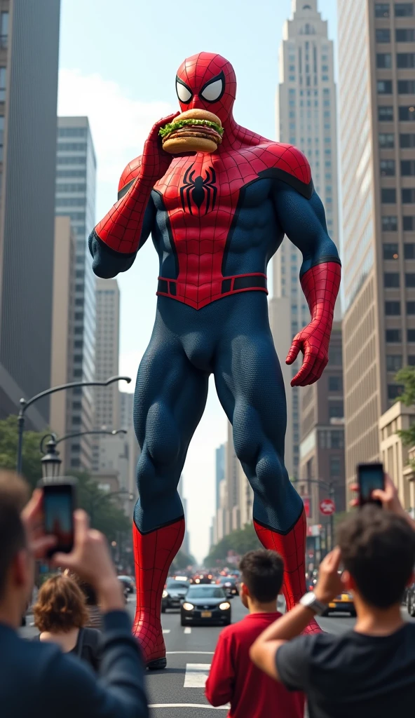 Big fat spider man setting on road and some burger and eating burger ...