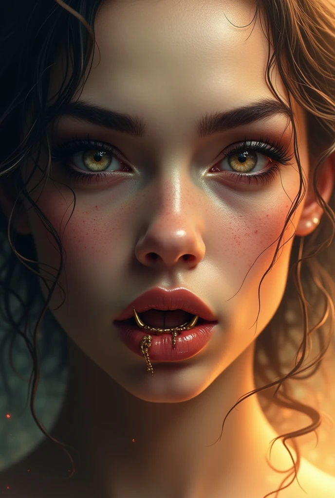 Realistic tattoo design of a pretty woman's face with fangs and a ...