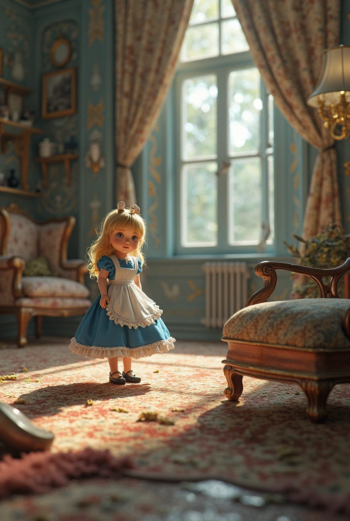Make an image of Alice in a room and that she is very, very small ...