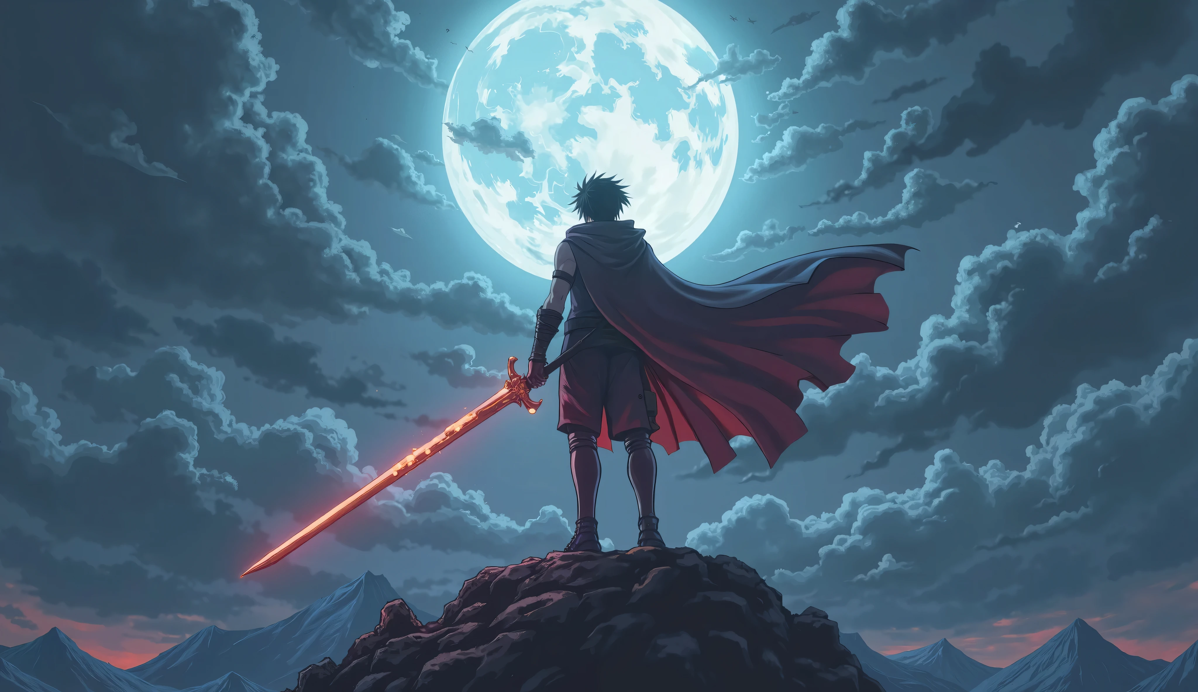 Anime-style male hero with wind-blown cloak standing on a cliff - SeaArt AI