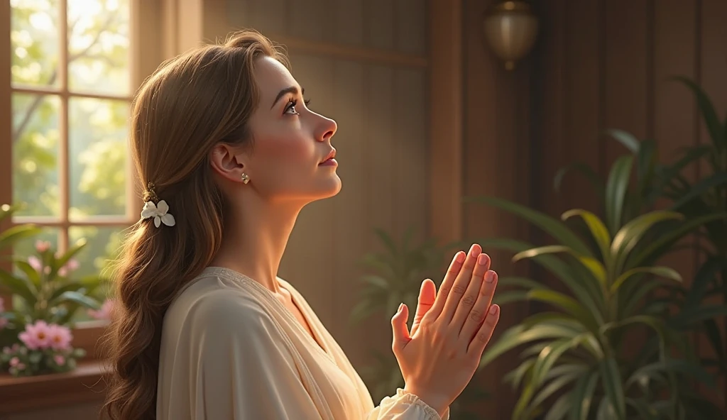 A realistic portrait of a woman in a peaceful worshiping style - SeaArt AI