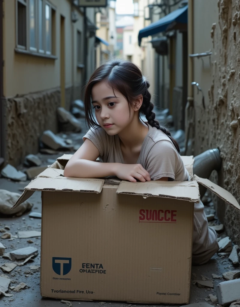 A sad girl in an alley, sitting inside a cardboard box, wearing ragged ...