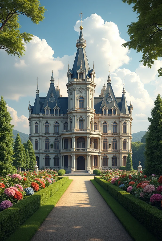 A picture of a Victorian royal palace from afar with a spacious garden ...