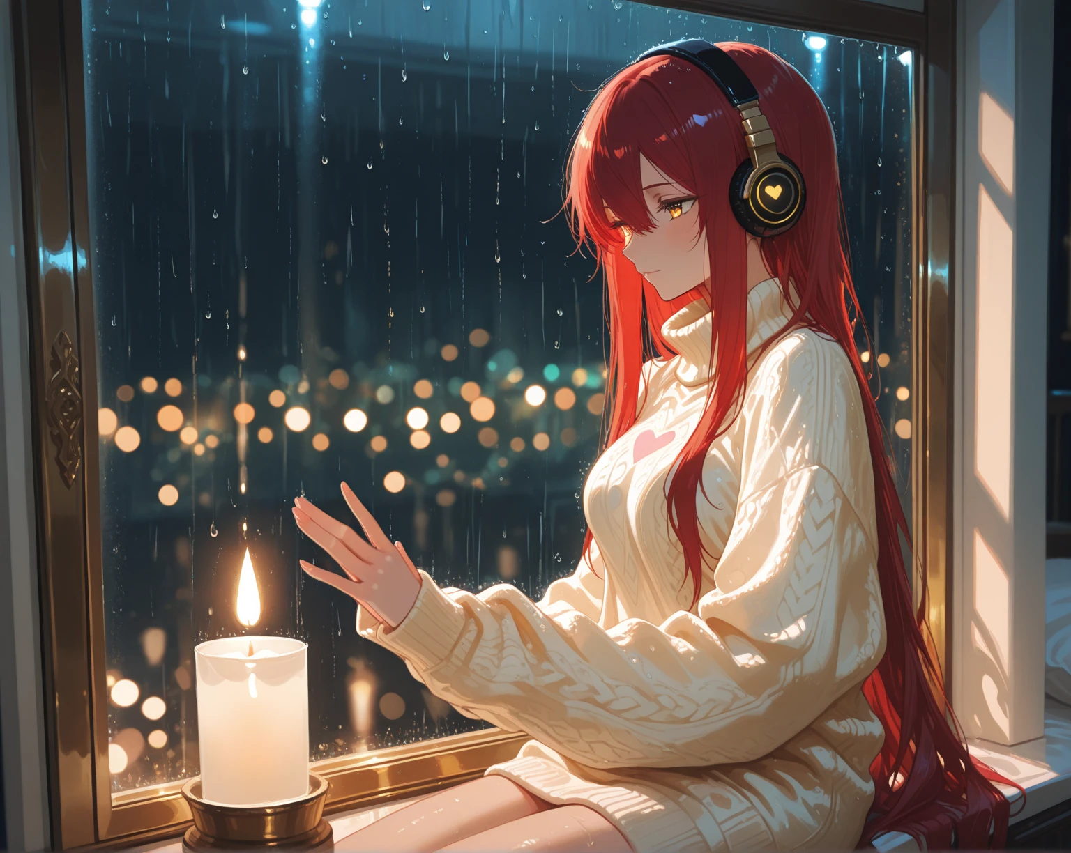 Outside view of a rain-drenched window, glistening raindrops on glass ...