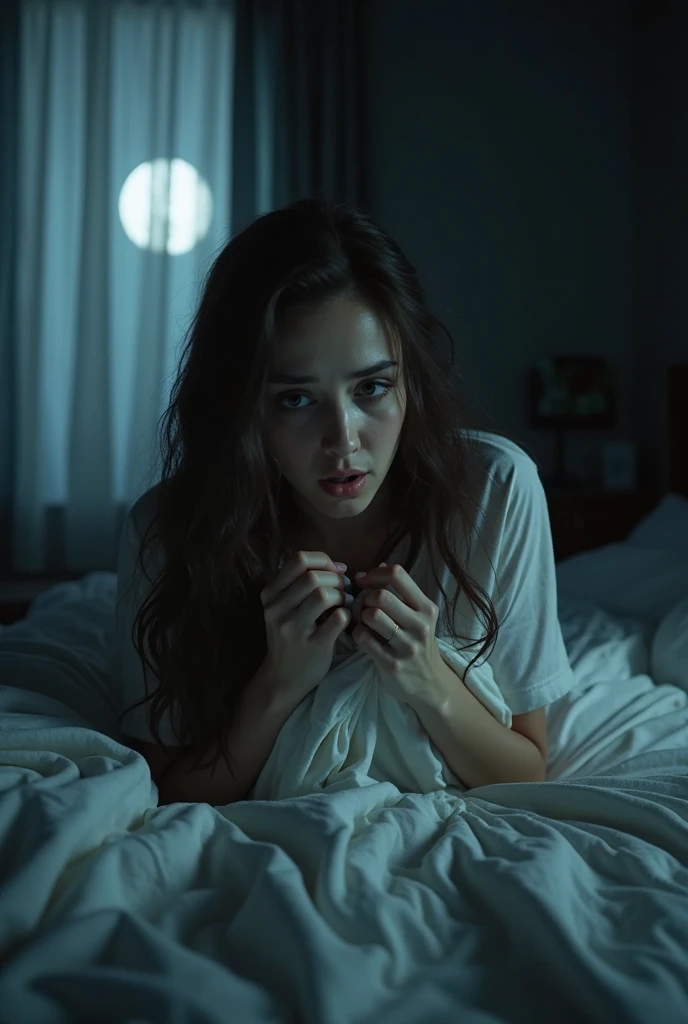 A young woman waking up terrified in bed, looking around in fear ...