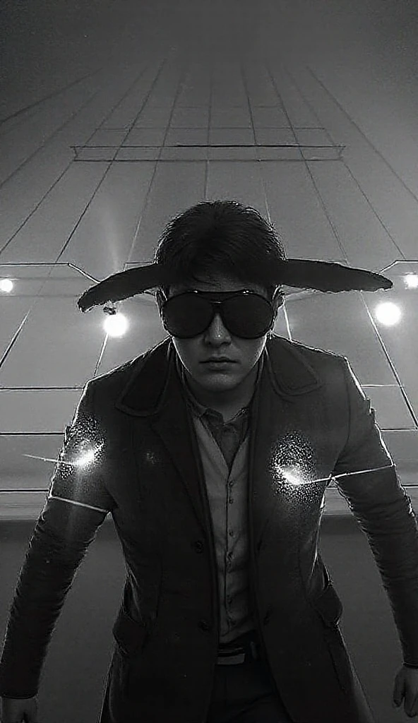 A man in a coat and sunglasses dodges bullets by bending his body ...
