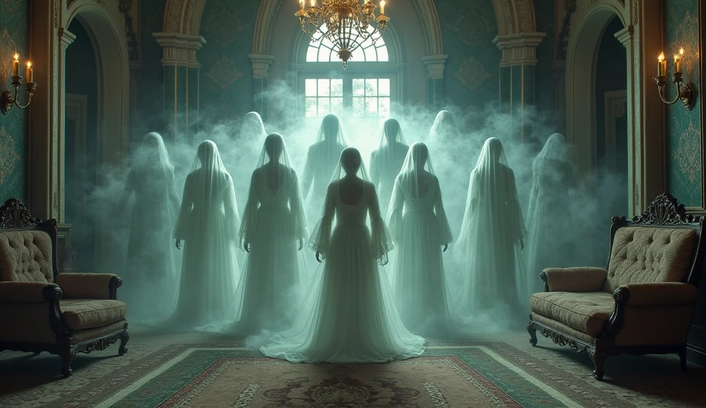 Ravencrest Manor Central Hall with several ghostly figures from ...