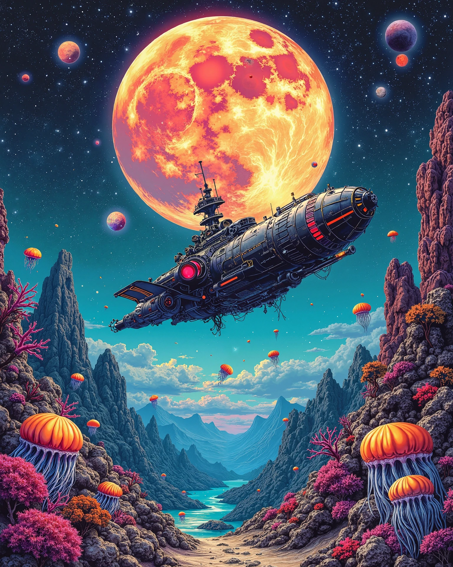 A steampunk spaceship drifts through space、Extremely detailed and ...