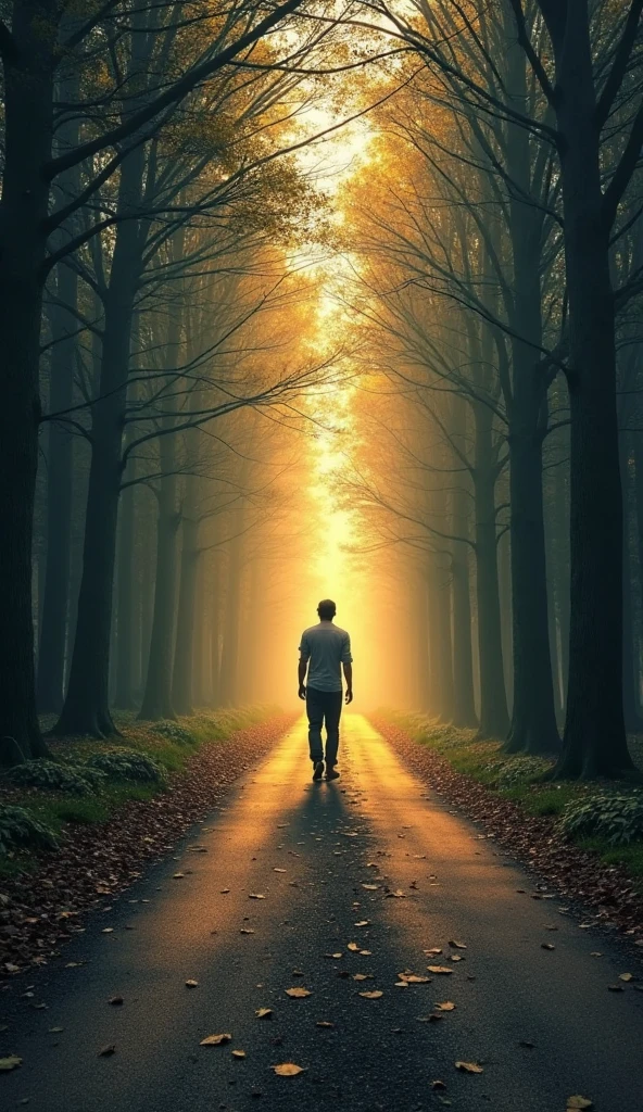 A symbolic road surrounded by trees, with a lighted path ahead and ...