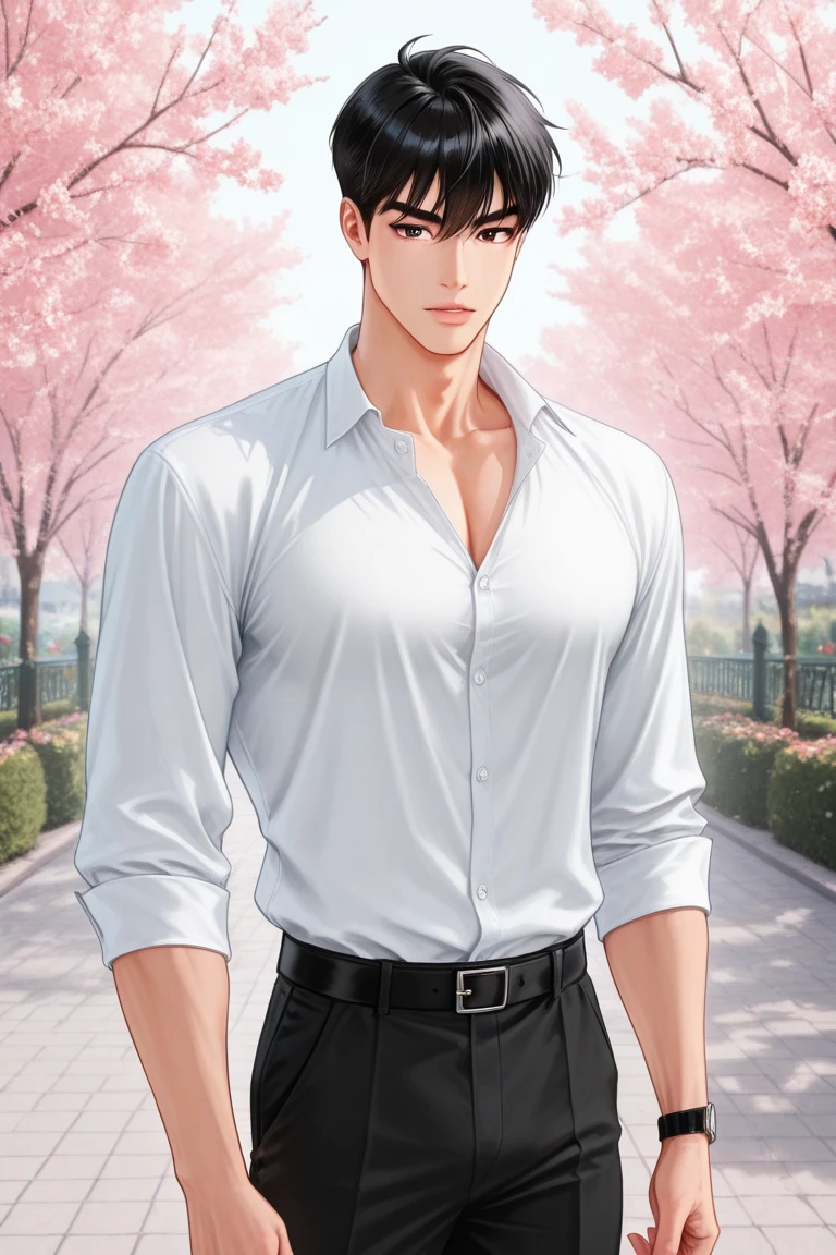 Handsome male manhwa character. Black hair. Redeye. Casual outfit ...